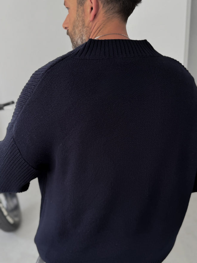 Premium Navy Blue Knitted Ribbed V-Neck Sweater - Luxury Streetwear – Broek